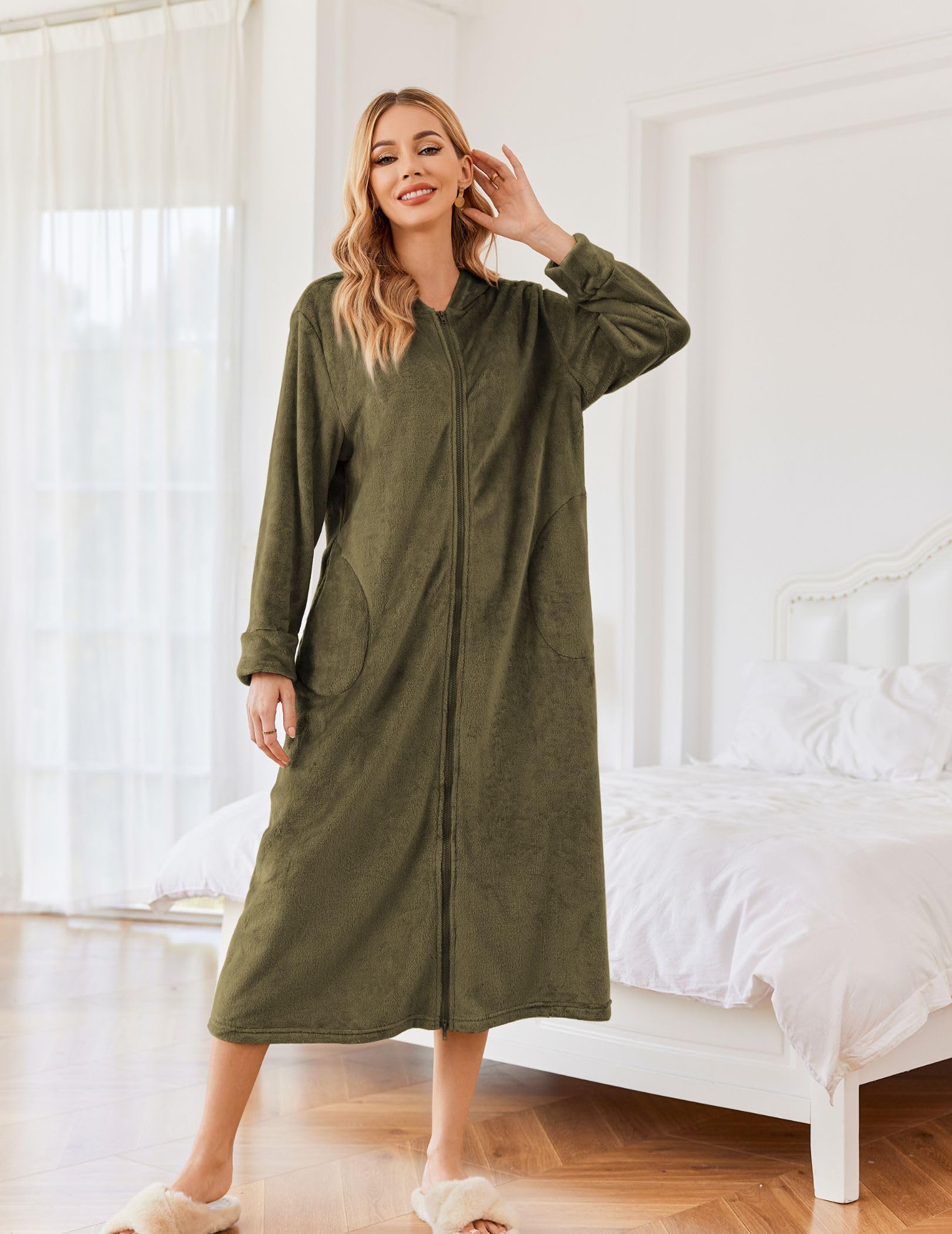 Ekouaer Womens Long Zipper Robes Casual Luxury Fleece Robes Winter Soft Comfy Sleep Robe Army Green L