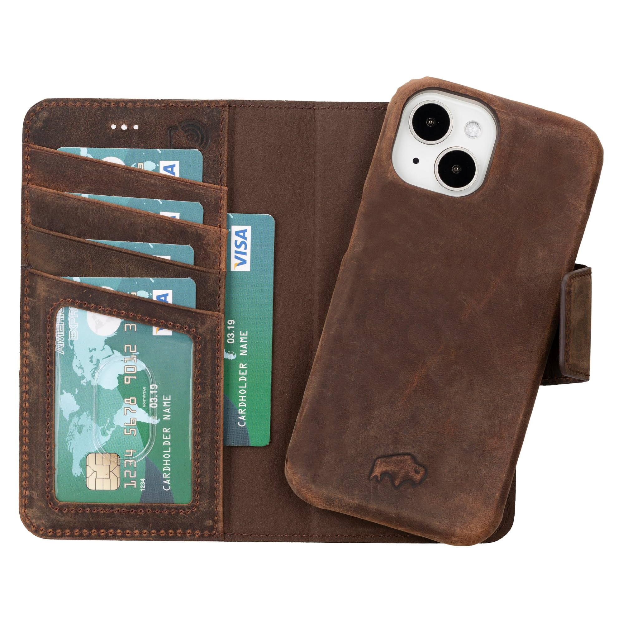 BLACKBROOK Premium Full-Grain Leather Wallet Case for iPhone 15 (6.1"), Burkley Magnetic Detachable 2-in-1 Set, 4 Credit Card Slots, Cash & ID Pocket, with RFID (Distressed Coffee, iPhone 15)