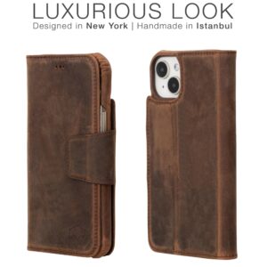 BLACKBROOK Premium Full-Grain Leather Wallet Case for iPhone 15 (6.1"), Burkley Magnetic Detachable 2-in-1 Set, 4 Credit Card Slots, Cash & ID Pocket, with RFID (Distressed Coffee, iPhone 15)