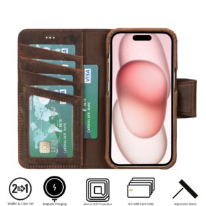 BLACKBROOK Premium Full-Grain Leather Wallet Case for iPhone 15 (6.1"), Burkley Magnetic Detachable 2-in-1 Set, 4 Credit Card Slots, Cash & ID Pocket, with RFID (Distressed Coffee, iPhone 15)