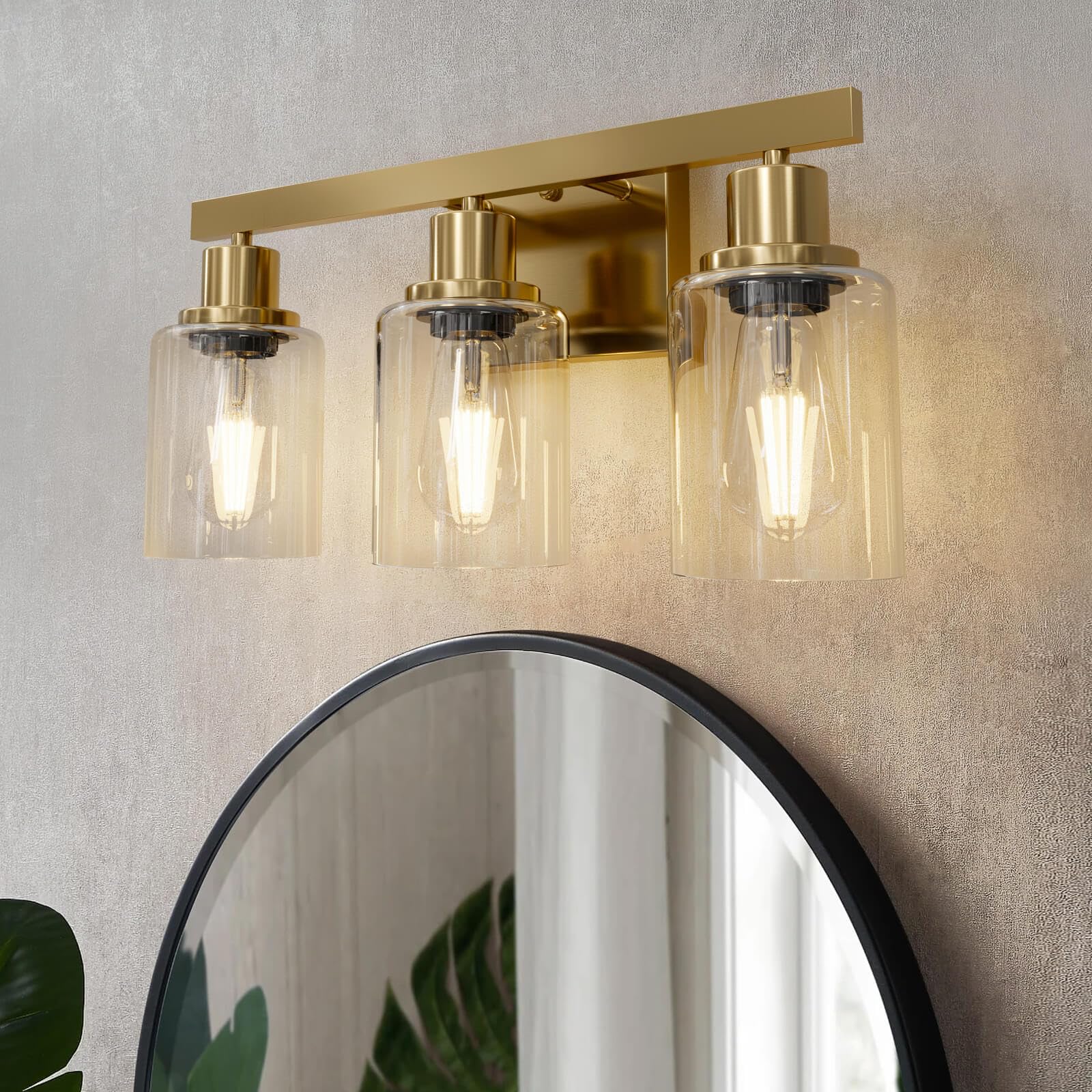 DIKAIDA 3 Light Gold Bathroom Light Fixtures, Bathroom Vanity Light Over Mirror, Gold Wall Sconce Vanity Lighting with Clear Glass Shade,Modern Farmhouse Bath Wall Lamp for Mirror Kitchen