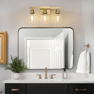 DIKAIDA 3 Light Gold Bathroom Light Fixtures, Bathroom Vanity Light Over Mirror, Gold Wall Sconce Vanity Lighting with Clear Glass Shade,Modern Farmhouse Bath Wall Lamp for Mirror Kitchen