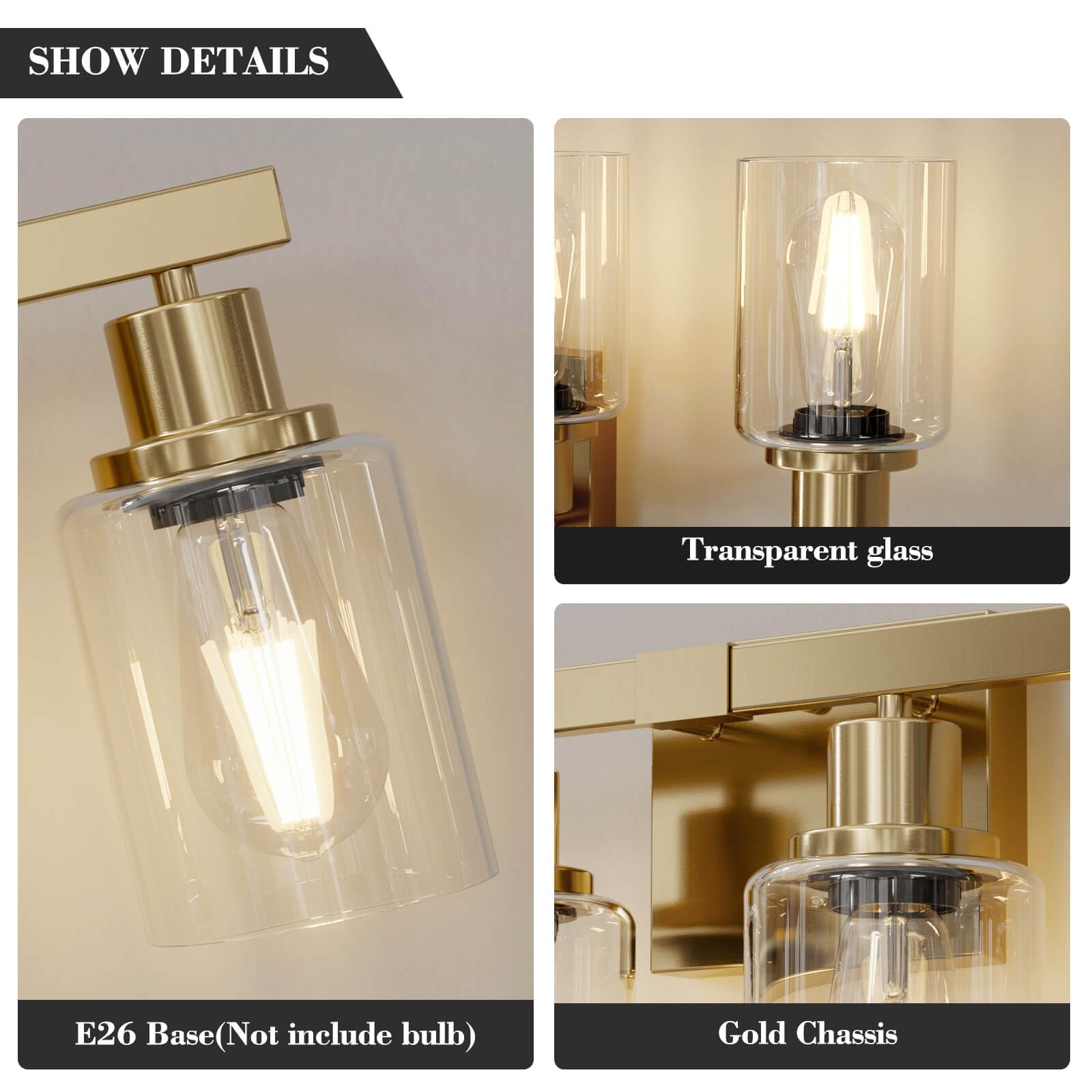 DIKAIDA 3 Light Gold Bathroom Light Fixtures, Bathroom Vanity Light Over Mirror, Gold Wall Sconce Vanity Lighting with Clear Glass Shade,Modern Farmhouse Bath Wall Lamp for Mirror Kitchen