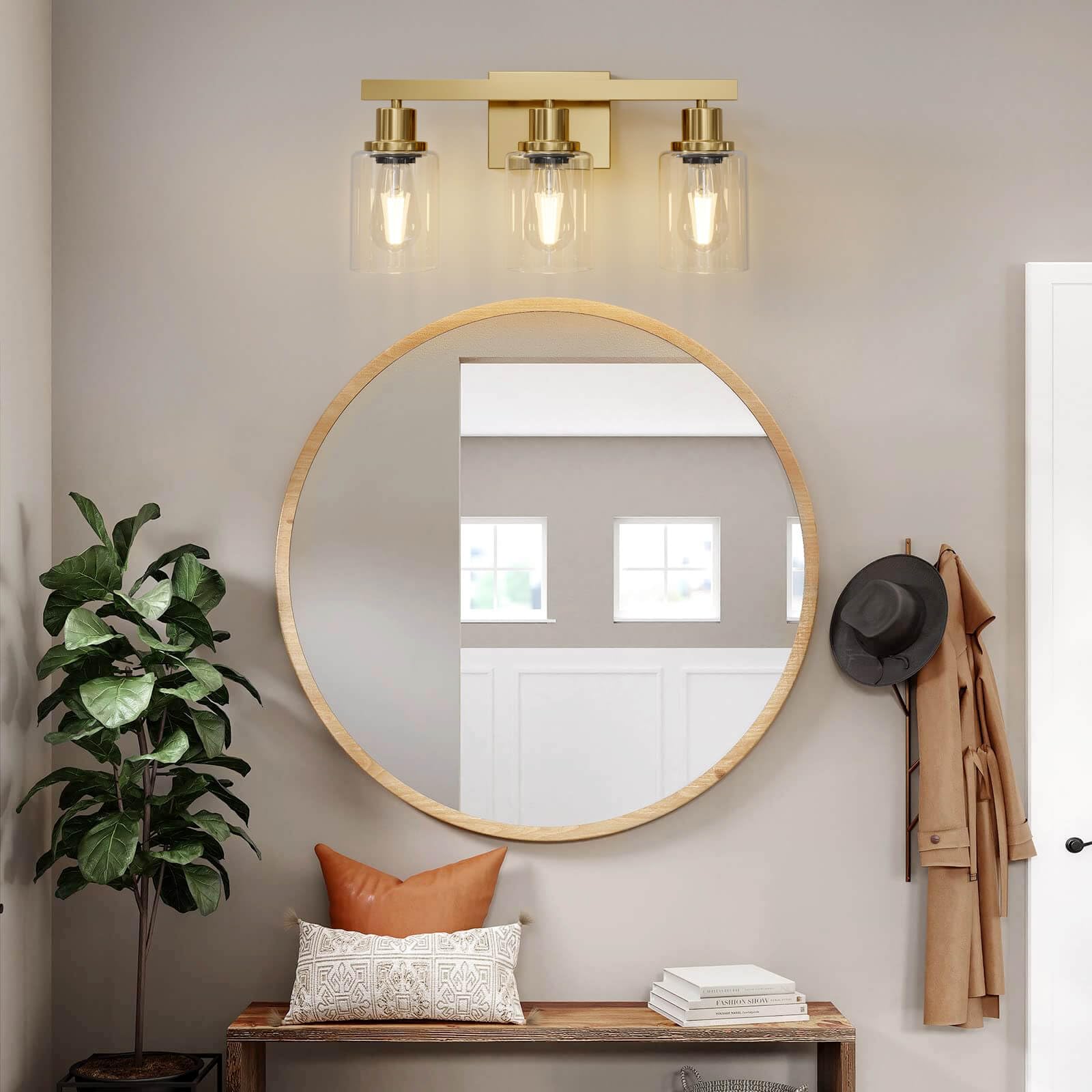 DIKAIDA 3 Light Gold Bathroom Light Fixtures, Bathroom Vanity Light Over Mirror, Gold Wall Sconce Vanity Lighting with Clear Glass Shade,Modern Farmhouse Bath Wall Lamp for Mirror Kitchen