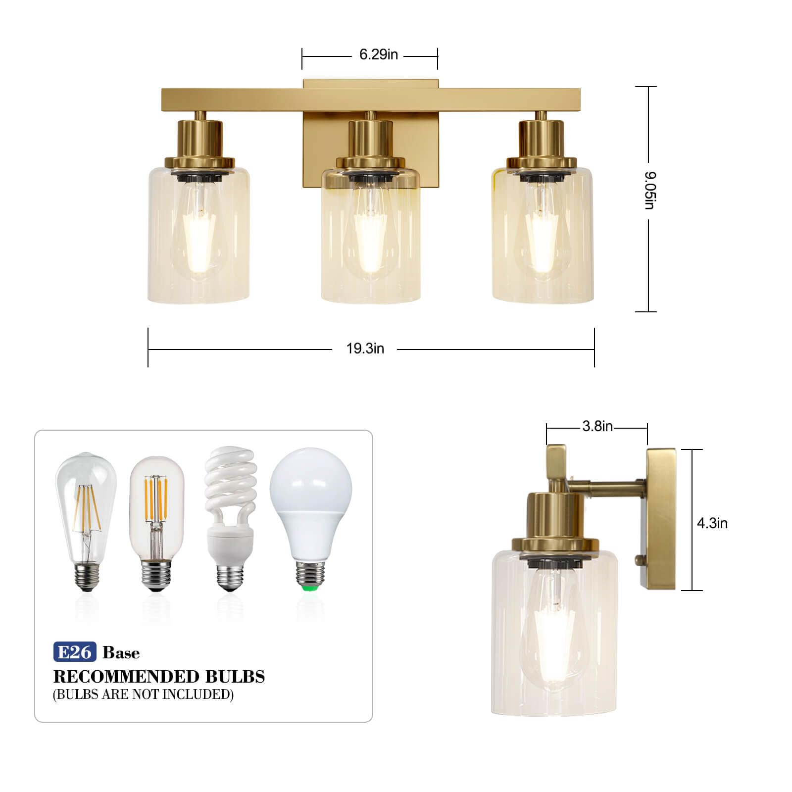 DIKAIDA 3 Light Gold Bathroom Light Fixtures, Bathroom Vanity Light Over Mirror, Gold Wall Sconce Vanity Lighting with Clear Glass Shade,Modern Farmhouse Bath Wall Lamp for Mirror Kitchen