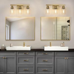 DIKAIDA 3 Light Gold Bathroom Light Fixtures, Bathroom Vanity Light Over Mirror, Gold Wall Sconce Vanity Lighting with Clear Glass Shade,Modern Farmhouse Bath Wall Lamp for Mirror Kitchen