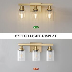 DIKAIDA 3 Light Gold Bathroom Light Fixtures, Bathroom Vanity Light Over Mirror, Gold Wall Sconce Vanity Lighting with Clear Glass Shade,Modern Farmhouse Bath Wall Lamp for Mirror Kitchen