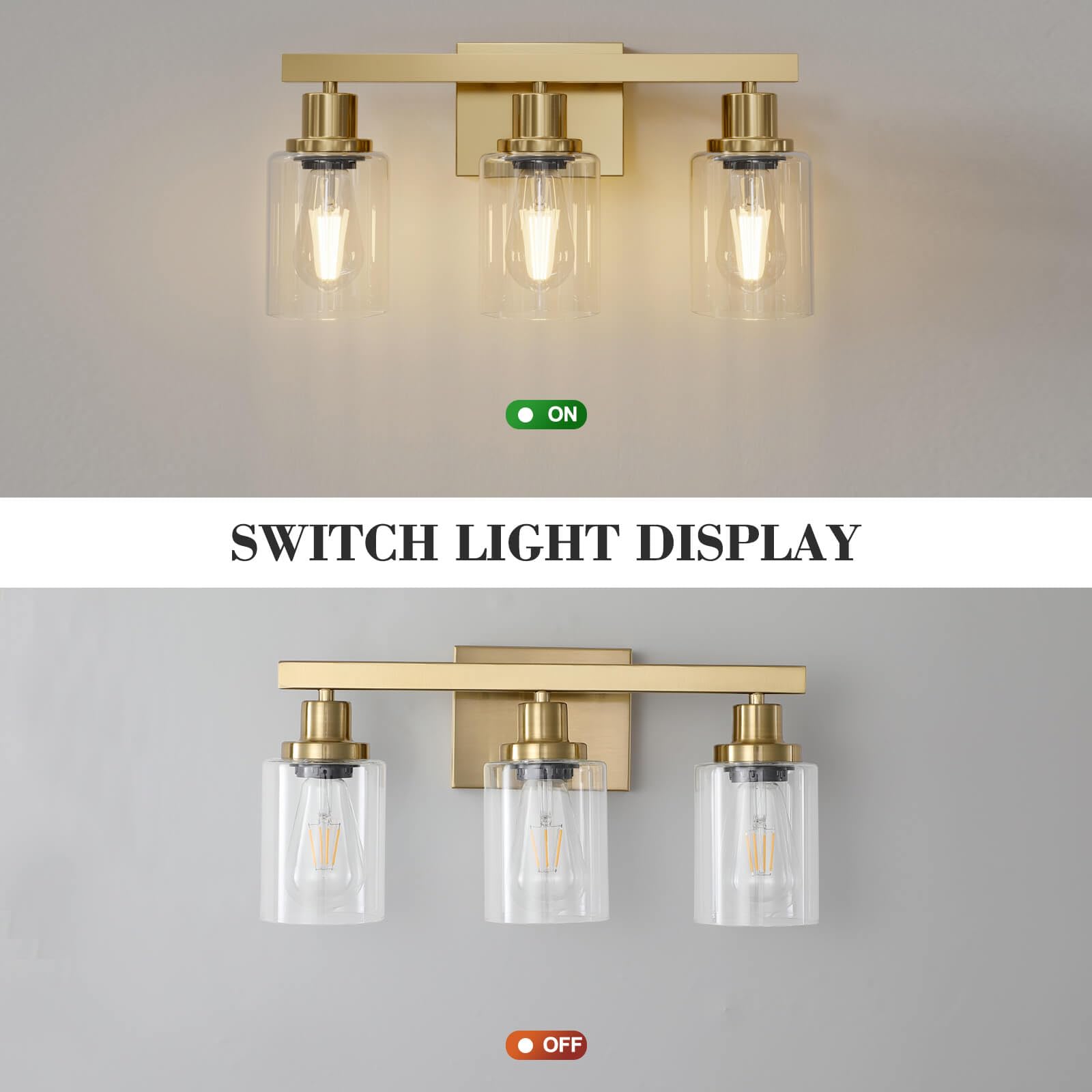 DIKAIDA 3 Light Gold Bathroom Light Fixtures, Bathroom Vanity Light Over Mirror, Gold Wall Sconce Vanity Lighting with Clear Glass Shade,Modern Farmhouse Bath Wall Lamp for Mirror Kitchen