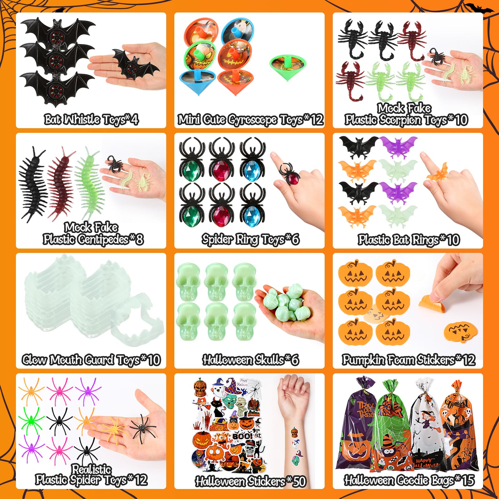 200PCS Halloween Party Favors , Bulk Halloween Toys for Halloween Treats Non Candy Classroom Prizes Goodie Bag Stuffers Pinata Filler, Halloween Gifts for Kids Prizes Party Supplies,Treasure Box Toys