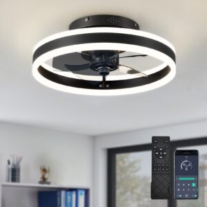 gosonkt low profile 15.7" led small ceiling fan with light - modern, semi-enclosed flush mount, smart app & remote control, 6-speeds, black - perfect for bedroom and living room