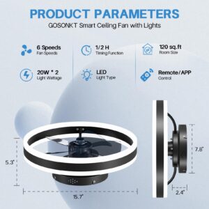 GOSONKT Low Profile 15.7" LED Small Ceiling Fan with Light - Modern, Semi-Enclosed Flush Mount, Smart APP & Remote Control, 6-Speeds, Black - Perfect for Bedroom and Living Room