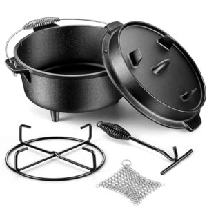 5qt cast iron dutch oven set of 4, joyfair pre-seasoned camp dutch oven pot & griddle skillet with accessories kit (lid lifter/iron stand/cleaner), for roasting stewing casserole sourdough bread