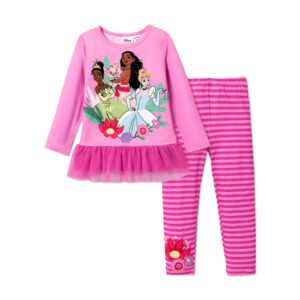 disney princess girls outfits ruffle mesh hem long-sleeve top floral bowknot pants 2pcs pink 3-4 years