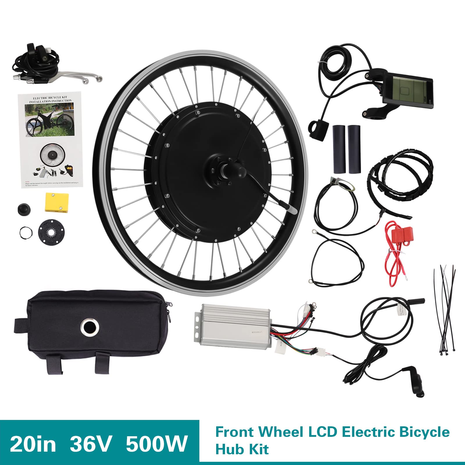 20" Front/Rear Wheel Hub E-Bike Conversion Kit, 36V 500W E-Bike Brushless and Gearless Hub Motor Kit with LED Display Waterproof