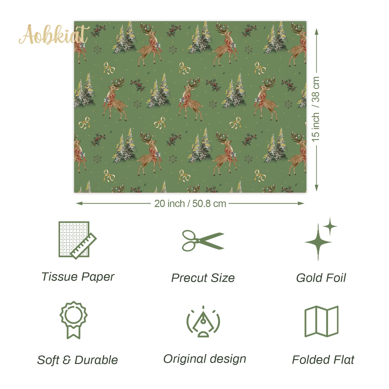 Aobkiat Wrapping Tissue Paper for Christmas Gift Bag,24 Sheets Green Tree with Animal Wrap Paper for Family Friends Gift Wrap,DIY Craft,Present Packaging,20x15inch/Sheet