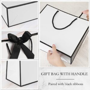 Silkfly 12 Pcs Thank You Gift Bags with Handles 11.8 x 10 x 4'' Paper Bag with Bow Ribbon Gift Wrap Bags for Wedding Bridesmaid Party Baby Shower Birthday Housewarming Gifts(White, Black)