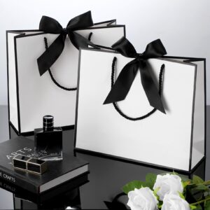 Silkfly 12 Pcs Thank You Gift Bags with Handles 11.8 x 10 x 4'' Paper Bag with Bow Ribbon Gift Wrap Bags for Wedding Bridesmaid Party Baby Shower Birthday Housewarming Gifts(White, Black)