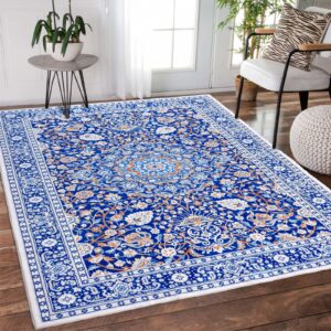 homethic washable area rugs 8x10 boho rug oriental floral soft indoor carpet low pile non slip large rugs for living room bedroom dining room decor aesthetic, blue