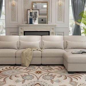 Sunrise Coast Modular Sofa Couch 130" Convertible L Shaped Sofas&Couches with Movable Ottoman Sectional, Beige