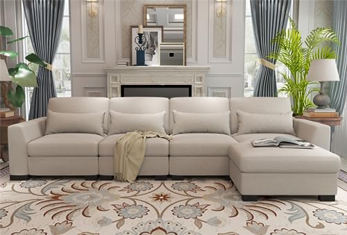 Sunrise Coast Modular Sofa Couch 130" Convertible L Shaped Sofas&Couches with Movable Ottoman Sectional, Beige