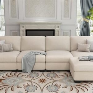 Sunrise Coast Modular Sofa Couch 130" Convertible L Shaped Sofas&Couches with Movable Ottoman Sectional, Beige