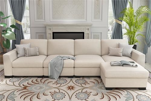 Sunrise Coast Modular Sofa Couch 130" Convertible L Shaped Sofas&Couches with Movable Ottoman Sectional, Beige