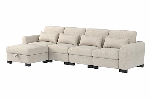 Sunrise Coast Modular Sofa Couch 130" Convertible L Shaped Sofas&Couches with Movable Ottoman Sectional, Beige