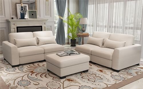 Sunrise Coast Modular Sofa Couch 130" Convertible L Shaped Sofas&Couches with Movable Ottoman Sectional, Beige