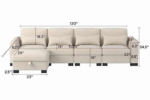 Sunrise Coast Modular Sofa Couch 130" Convertible L Shaped Sofas&Couches with Movable Ottoman Sectional, Beige