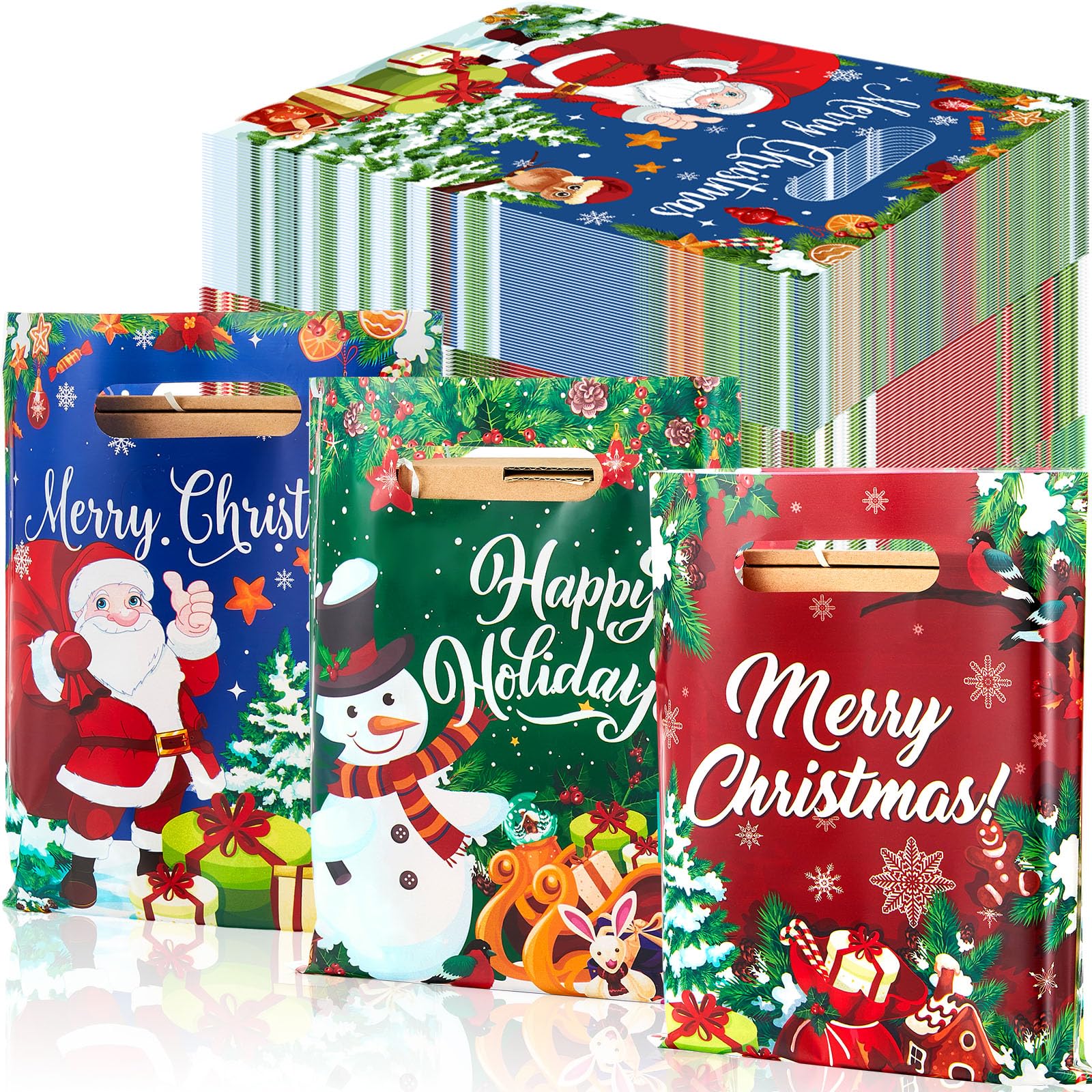 Cholemy 120 Pcs Christmas Merchandise Bags Bulk Christmas Plastic Bags 8 x 10 in Christmas Favor Gift Bag Christmas Party Favor Bags with Handle for Shopping Holiday Boutique Treat(Bright Style)