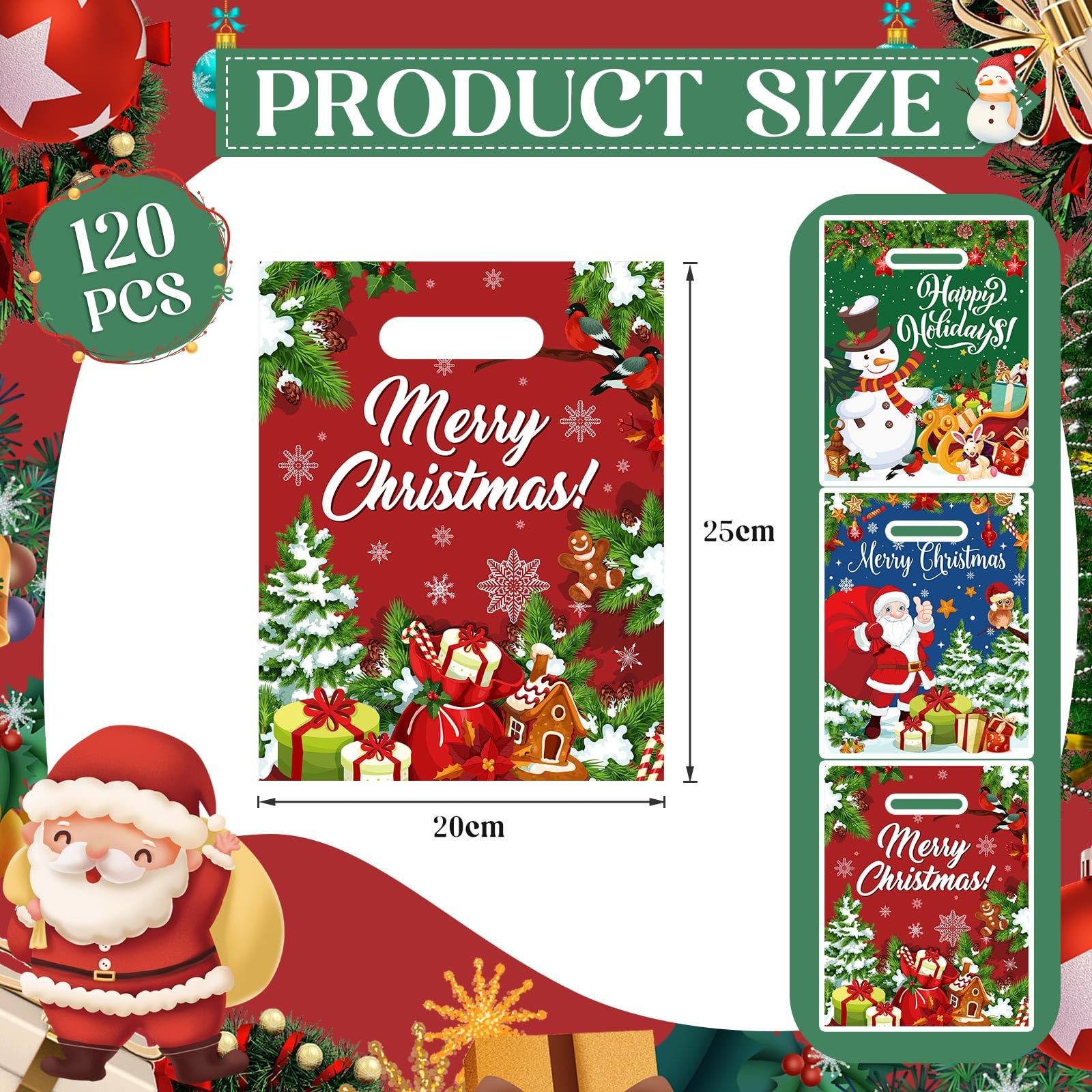 Cholemy 120 Pcs Christmas Merchandise Bags Bulk Christmas Plastic Bags 8 x 10 in Christmas Favor Gift Bag Christmas Party Favor Bags with Handle for Shopping Holiday Boutique Treat(Bright Style)