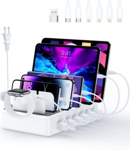 honcila charging station for multiple devices, 50w 6 ports multi charger station charging dock with groove design and 6 mixed charging cables for iphone, ipad, kindle, tablet, cellphone and others