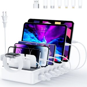 Honcila Charging station for multiple devices, 50W 6 Ports Multi Charger Station Charging Dock with Groove Design and 6 Mixed Charging Cables for iPhone, iPad, Kindle, Tablet, Cellphone and Others