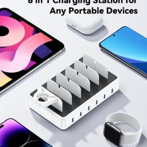 Honcila Charging station for multiple devices, 50W 6 Ports Multi Charger Station Charging Dock with Groove Design and 6 Mixed Charging Cables for iPhone, iPad, Kindle, Tablet, Cellphone and Others