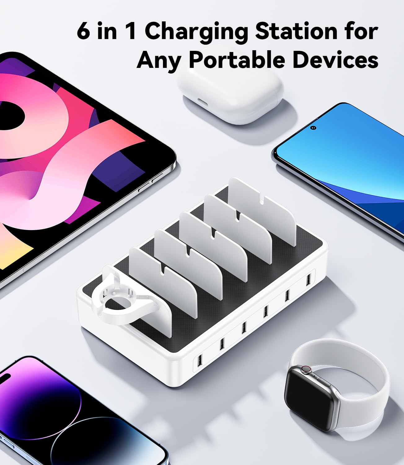 Honcila Charging station for multiple devices, 50W 6 Ports Multi Charger Station Charging Dock with Groove Design and 6 Mixed Charging Cables for iPhone, iPad, Kindle, Tablet, Cellphone and Others