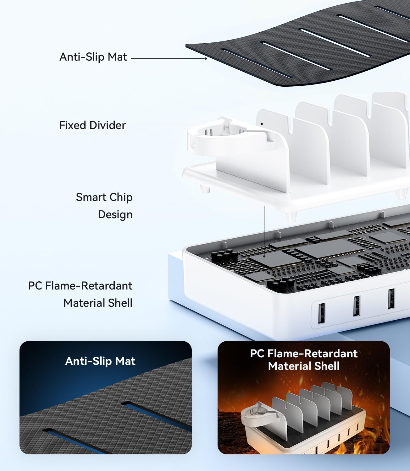 Honcila Charging station for multiple devices, 50W 6 Ports Multi Charger Station Charging Dock with Groove Design and 6 Mixed Charging Cables for iPhone, iPad, Kindle, Tablet, Cellphone and Others