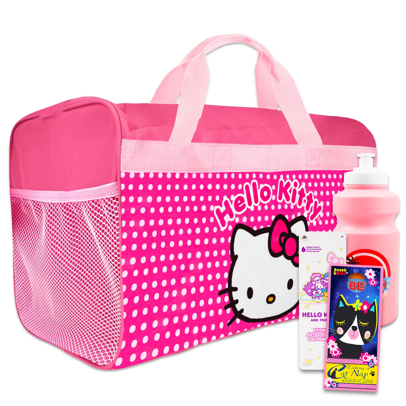 Hello Kitty Duffle Bag Set for Kids - 4 Pc Bundle with Hello Kitty Luggage Carry On Suitcase Bag, Water Bottle, Stickers, and More | Hello Kitty Travel Bag Set