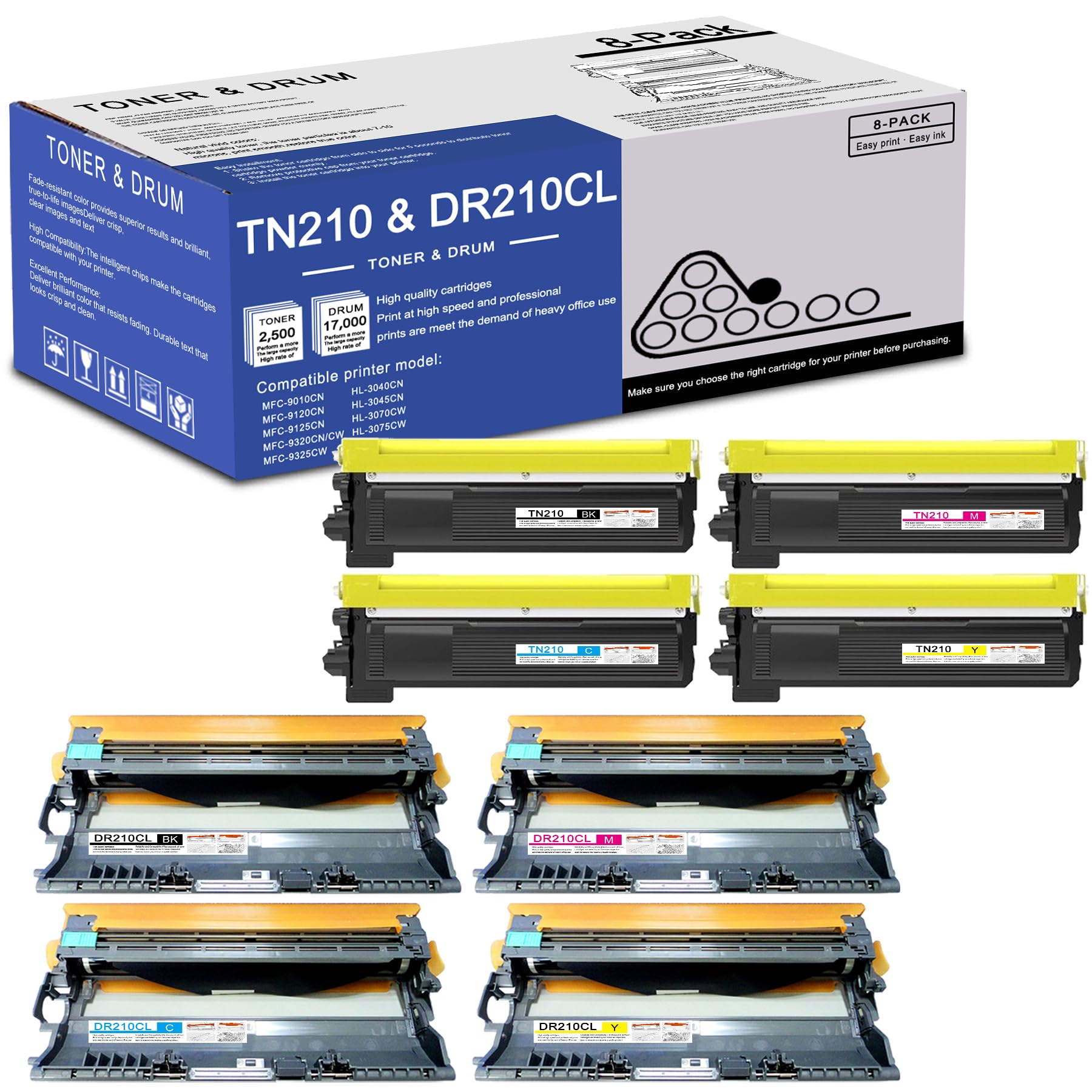 [8-Pack, 4Toner & 4Drum] TN210 BK/C/M/Y Toner Cartridge & DR210CL BK/C/M/Y Drum Unit Compatible Replacement for Brother HL-3040CN 3045CN 3075CW MFC-9010CN 9120CN 9125CN 9325CW Printer