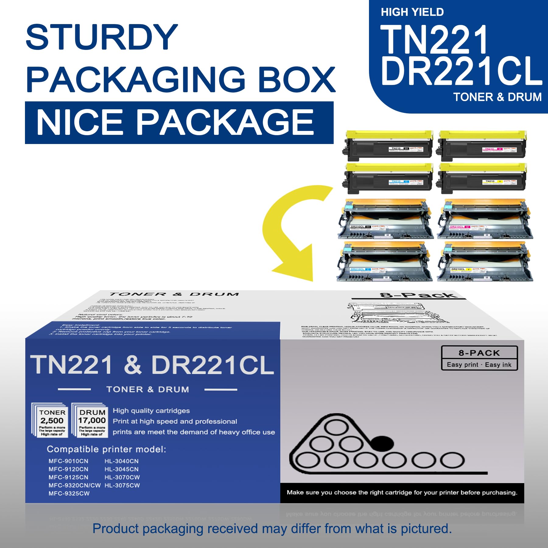 [8-Pack, 4Toner & 4Drum] TN210 BK/C/M/Y Toner Cartridge & DR210CL BK/C/M/Y Drum Unit Compatible Replacement for Brother HL-3040CN 3045CN 3075CW MFC-9010CN 9120CN 9125CN 9325CW Printer