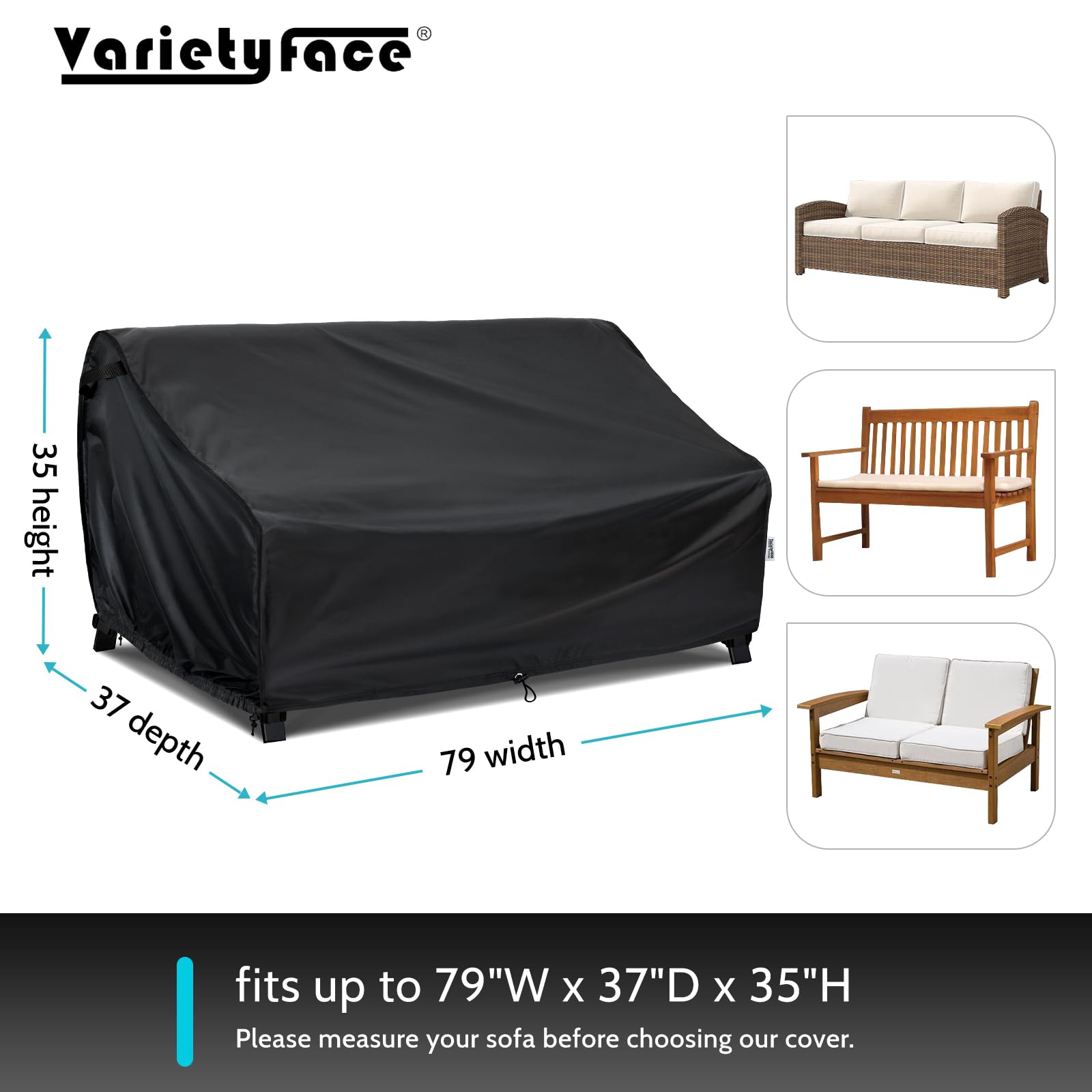 VARIETYFACE Patio Furniture Covers Waterproof, 3-Seater Outdoor Sofa Covers Sunproof,Durable Lawn Furniture Covers, Fits up to 79Wx37Dx35H inches, Black