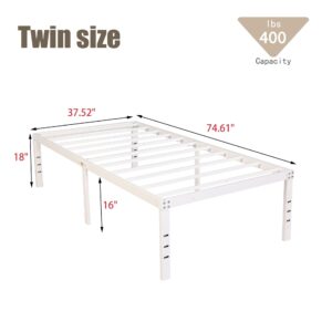 alazyhome 18 Inch Metal Twin Size Bed Frame Heavy Duty Platform Noise Free Steel Slat Support Easy Assembly Noise Free No Box Spring Required White