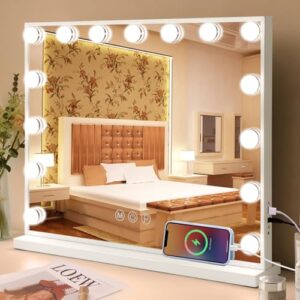 fenair vanity mirror with lights 22.8"x 18.1" makeup mirror with lights and 15 dimmable bulbs,3 colors modes,hollywood mirror with usb charging port and 10x detachable magnification mirror