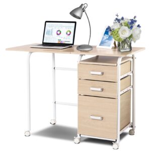 foldable computer laptop desk w/ 3 drawers, wheeled laptop desk with metal frame, space saving folding desk with rolling wheels for home office small space (natural)