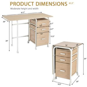 Foldable Computer Laptop Desk w/ 3 Drawers, Wheeled Laptop Desk with Metal Frame, Space Saving Folding Desk with Rolling Wheels for Home Office Small Space (Natural)