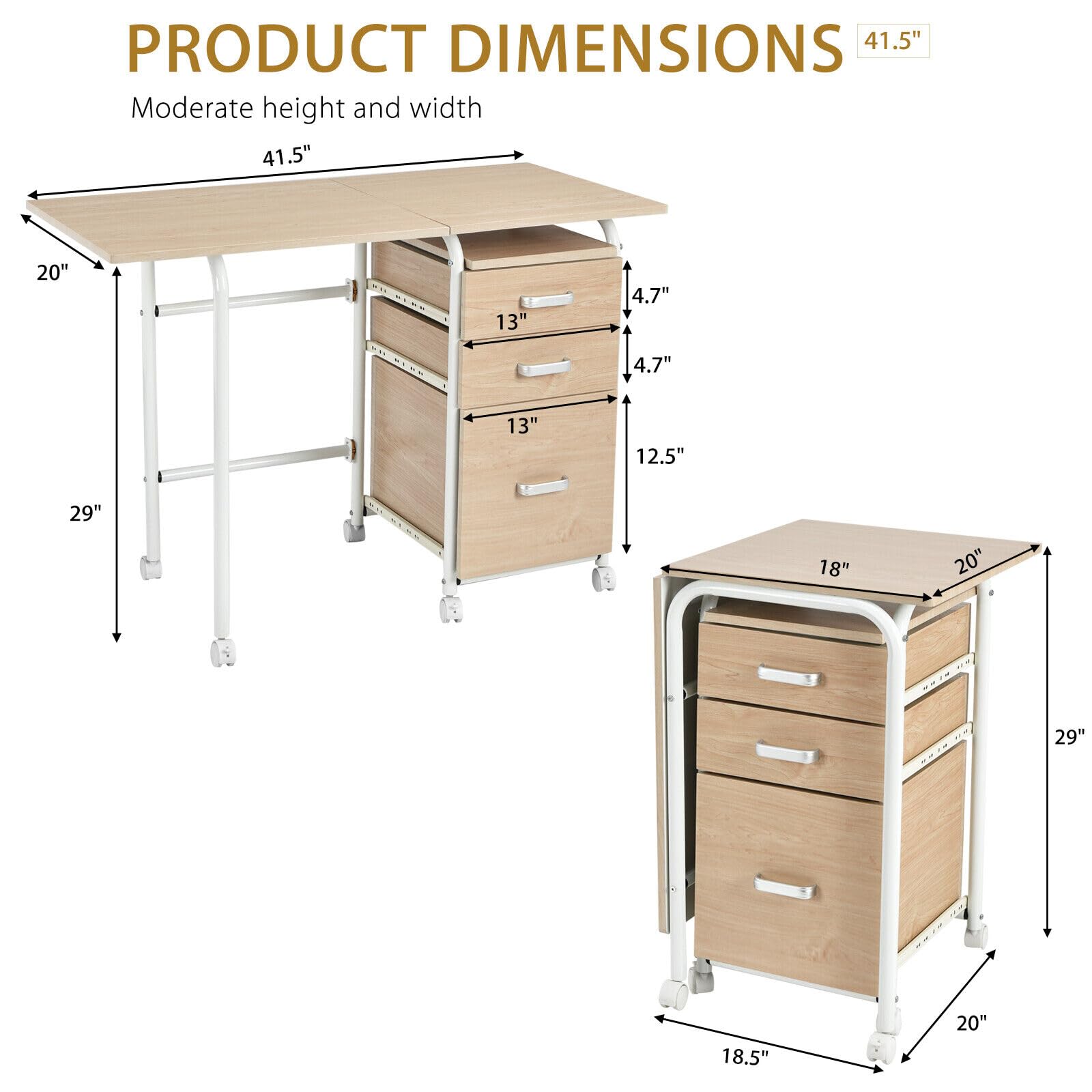 Foldable Computer Laptop Desk w/ 3 Drawers, Wheeled Laptop Desk with Metal Frame, Space Saving Folding Desk with Rolling Wheels for Home Office Small Space (Natural)