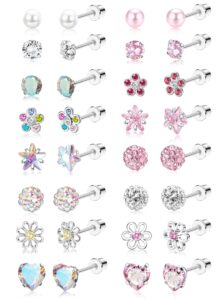 thunaraz 16 pairs hypoallergenic screw back earrings for women girls surgical steel tiny cz pearl ball heart flower screwback flat back stud earrings set 20g