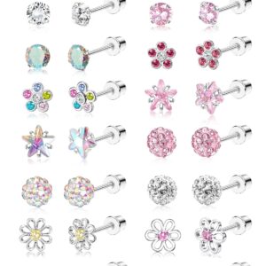 THUNARAZ 16 Pairs Hypoallergenic Screw Back Earrings for Women Girls Surgical Steel Tiny CZ Pearl Ball Heart Flower Screwback Flat Back Stud Earrings Set 20G