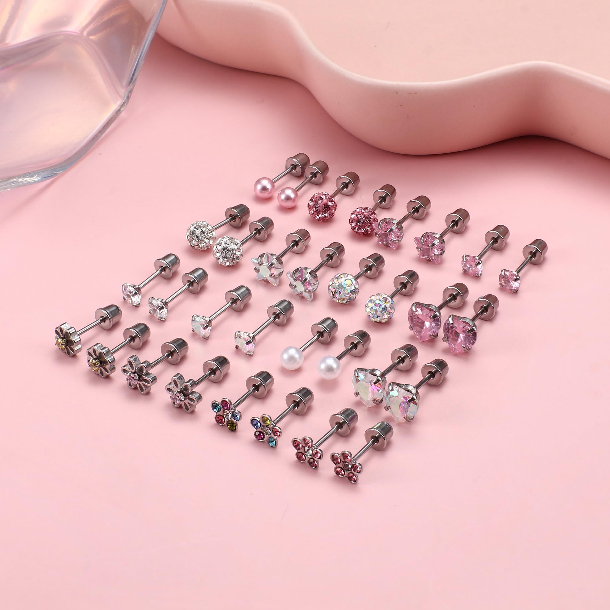 THUNARAZ 16 Pairs Hypoallergenic Screw Back Earrings for Women Girls Surgical Steel Tiny CZ Pearl Ball Heart Flower Screwback Flat Back Stud Earrings Set 20G