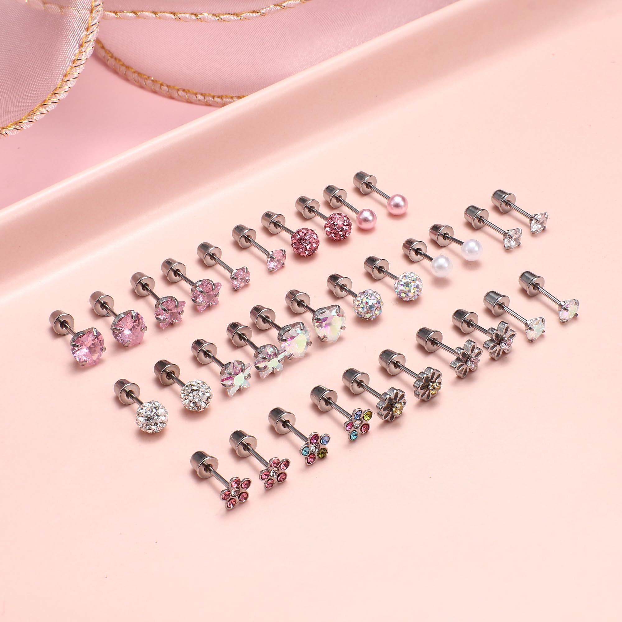 THUNARAZ 16 Pairs Hypoallergenic Screw Back Earrings for Women Girls Surgical Steel Tiny CZ Pearl Ball Heart Flower Screwback Flat Back Stud Earrings Set 20G