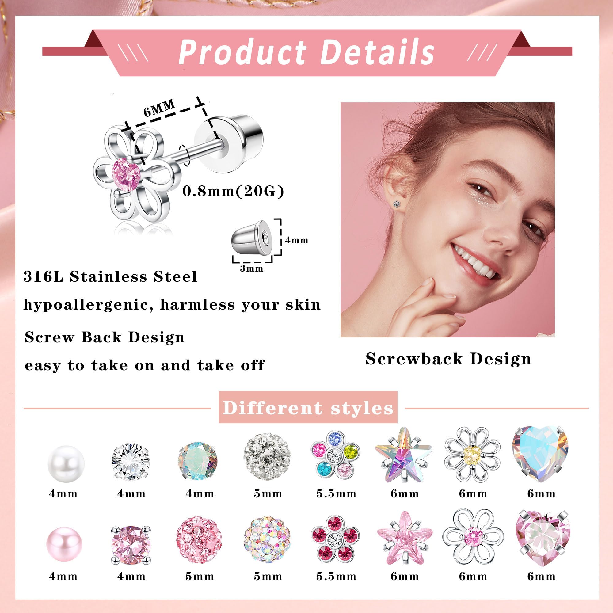 THUNARAZ 16 Pairs Hypoallergenic Screw Back Earrings for Women Girls Surgical Steel Tiny CZ Pearl Ball Heart Flower Screwback Flat Back Stud Earrings Set 20G